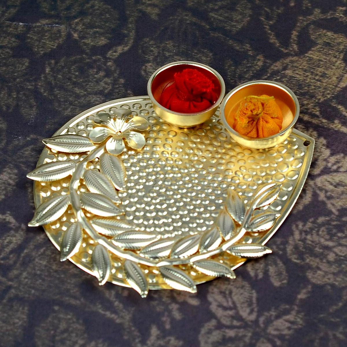 Golden Leaf-Shaped Designer Puja Thali | Exclusive Thalis