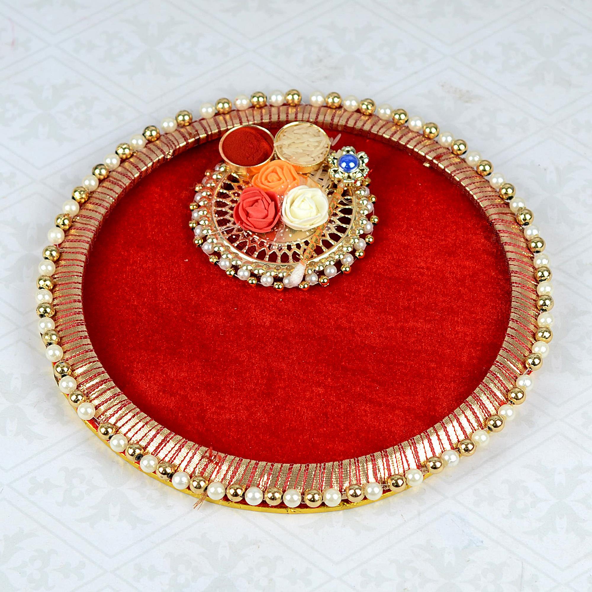 Round Designer Velvet-Textured Puja Thali | Exclusive Thalis