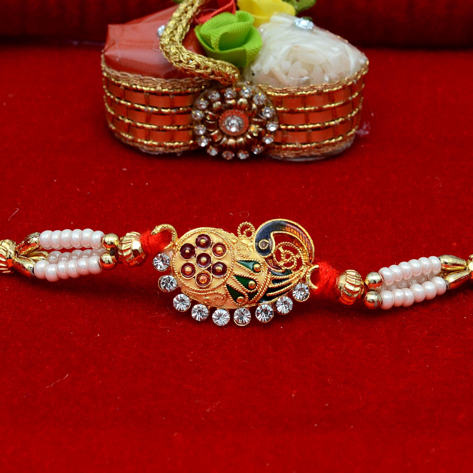 Peacock Moti Rakhi on Square Thali, | Rakhi Thali