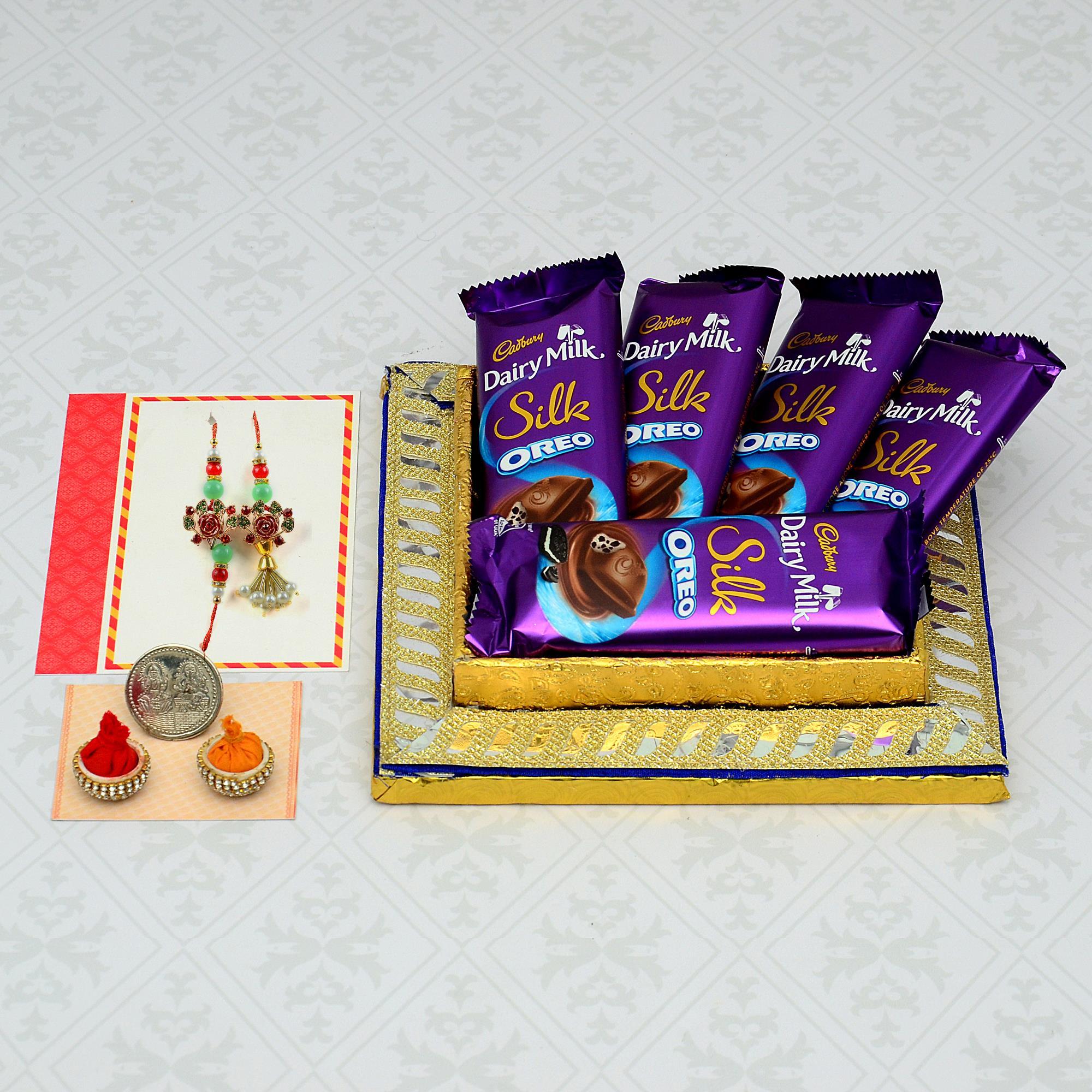 Silk Oreo Thali Hamper With Rakhi | Rakhi & Chocolates