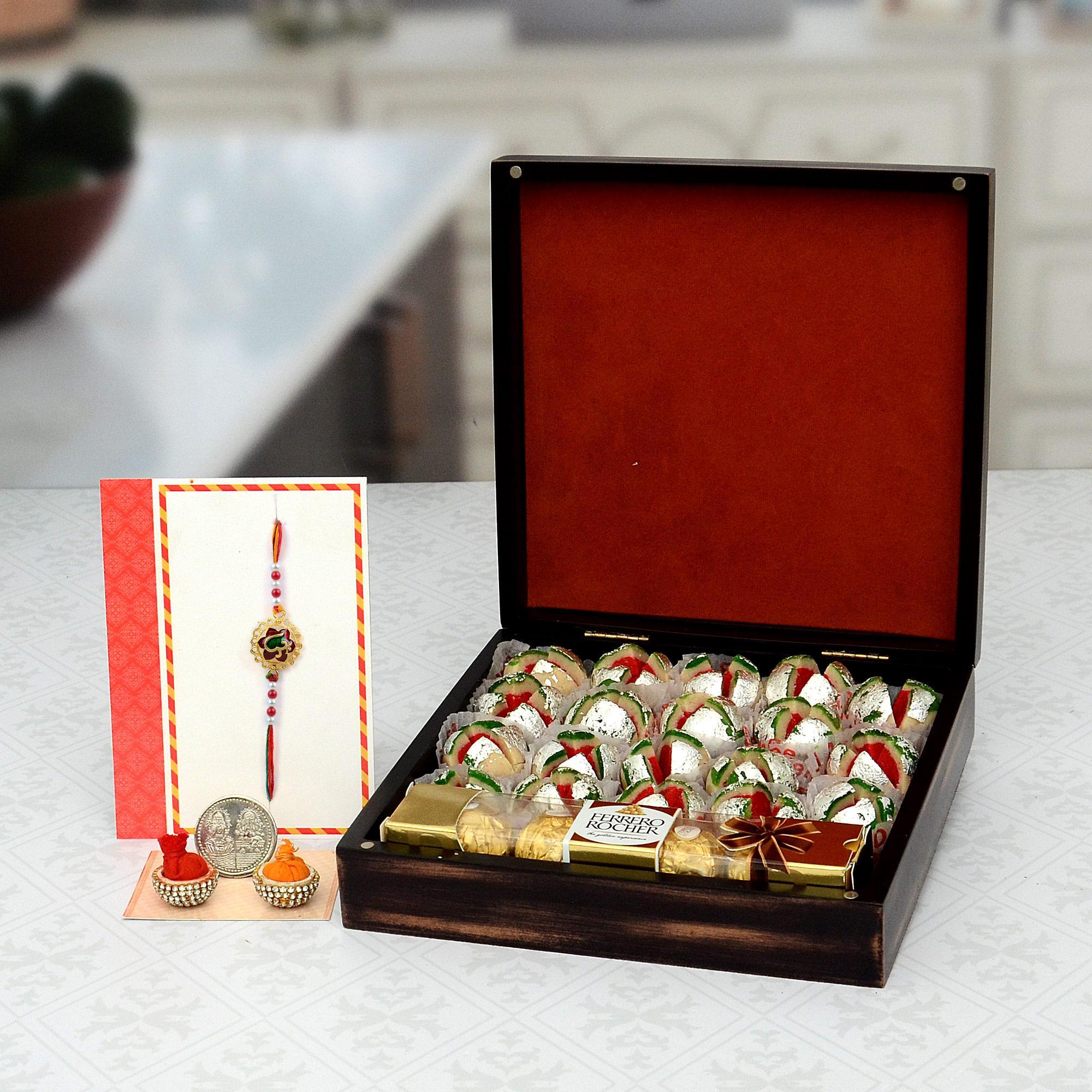 Kaju Pista Phool With Ferrero Rocher Rakhi Box | Rakhi Hampers