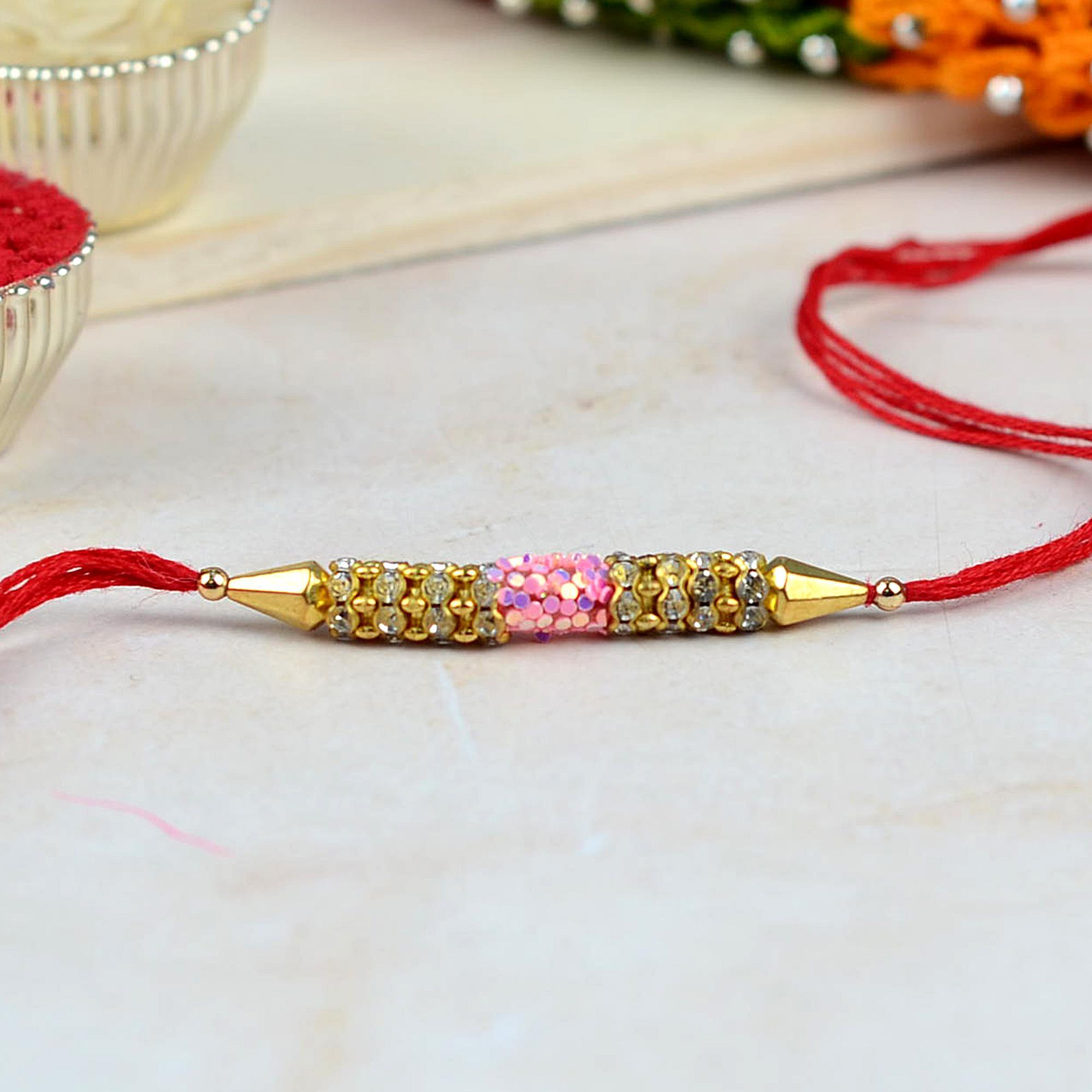 Pink Sequins Stone Rakhi 467 Dori Red | Designer Rakhi