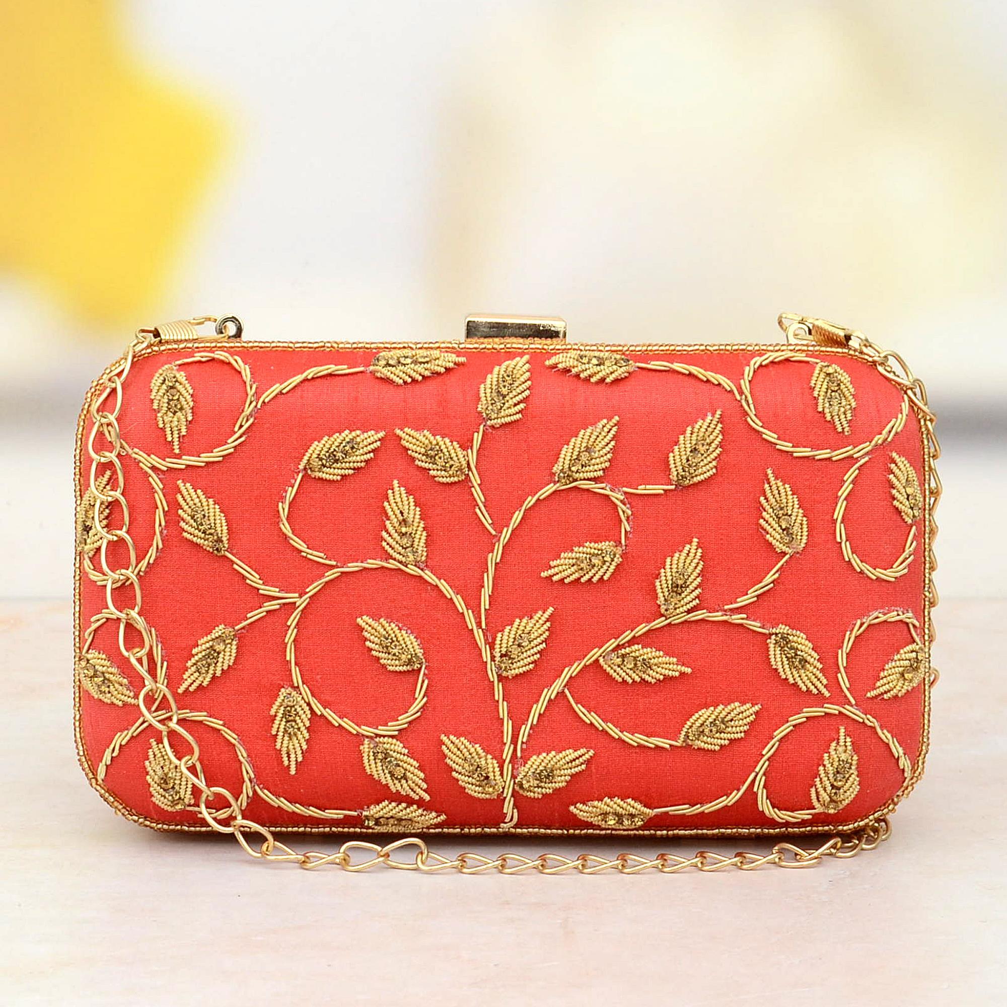 Peach Clutch & Golden Leaf Motifs | Bags & Purses