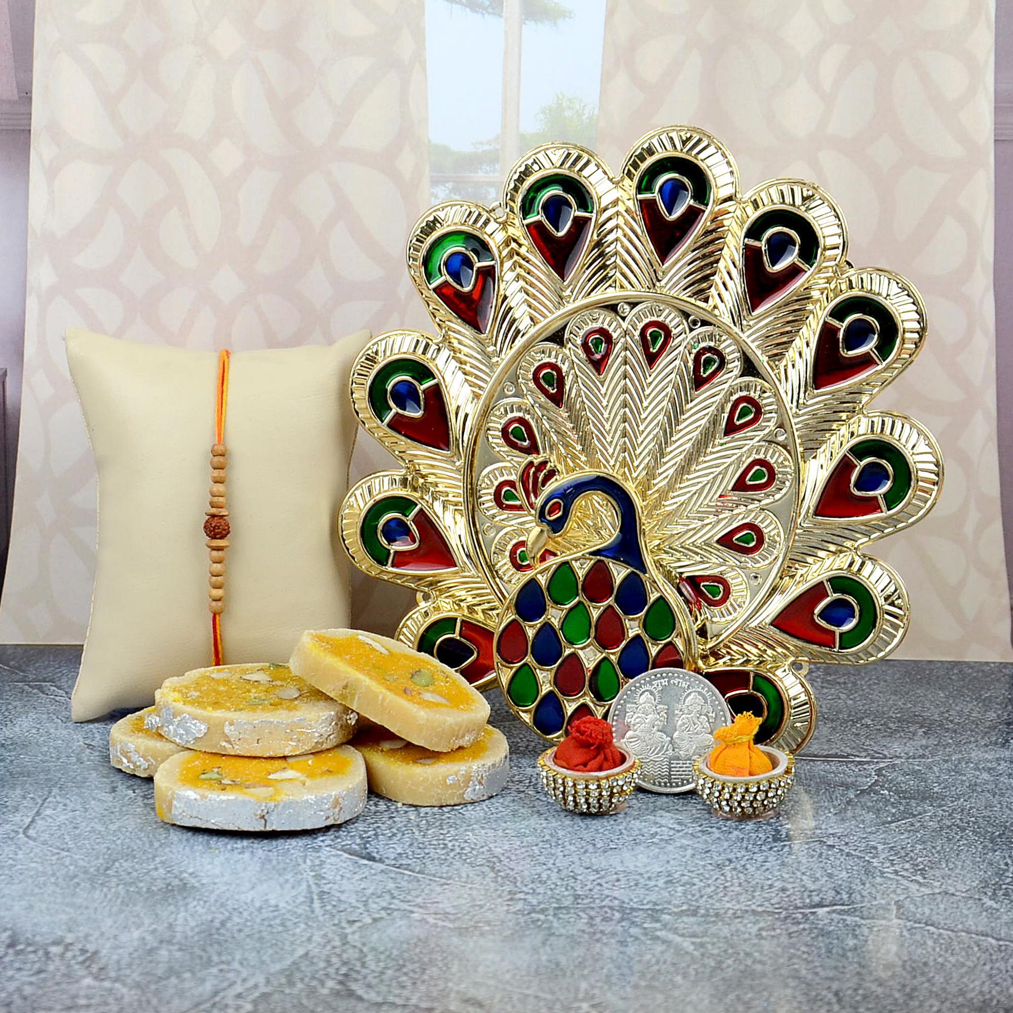 Peacock Puja Thali with Mawa Fruit Cake & Rakhi | Rakhi Sweets
