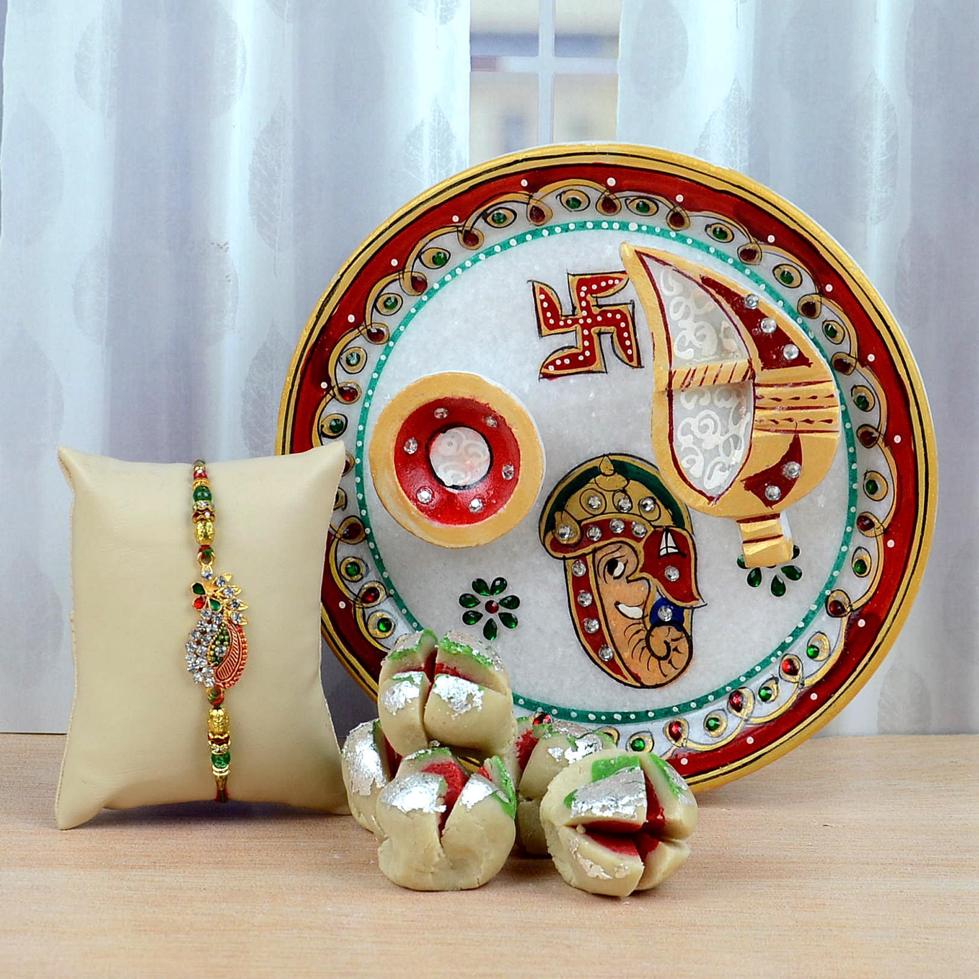 Kaju Phool & Stones Rakhi in Marbel Ganesh Thali | Puja Thali