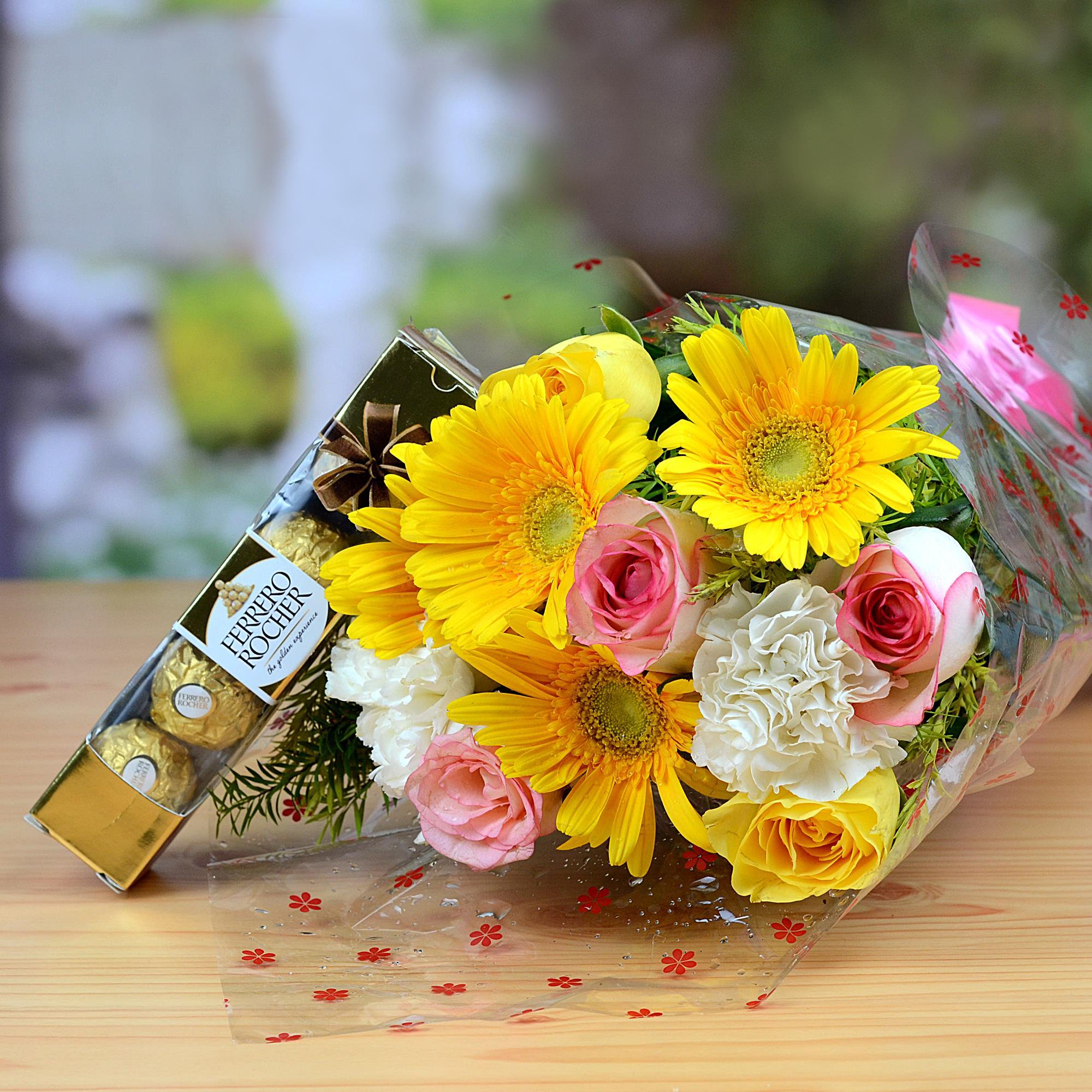 Flower Bouquet and Ferrero Rocher | Flowers, Chocolates