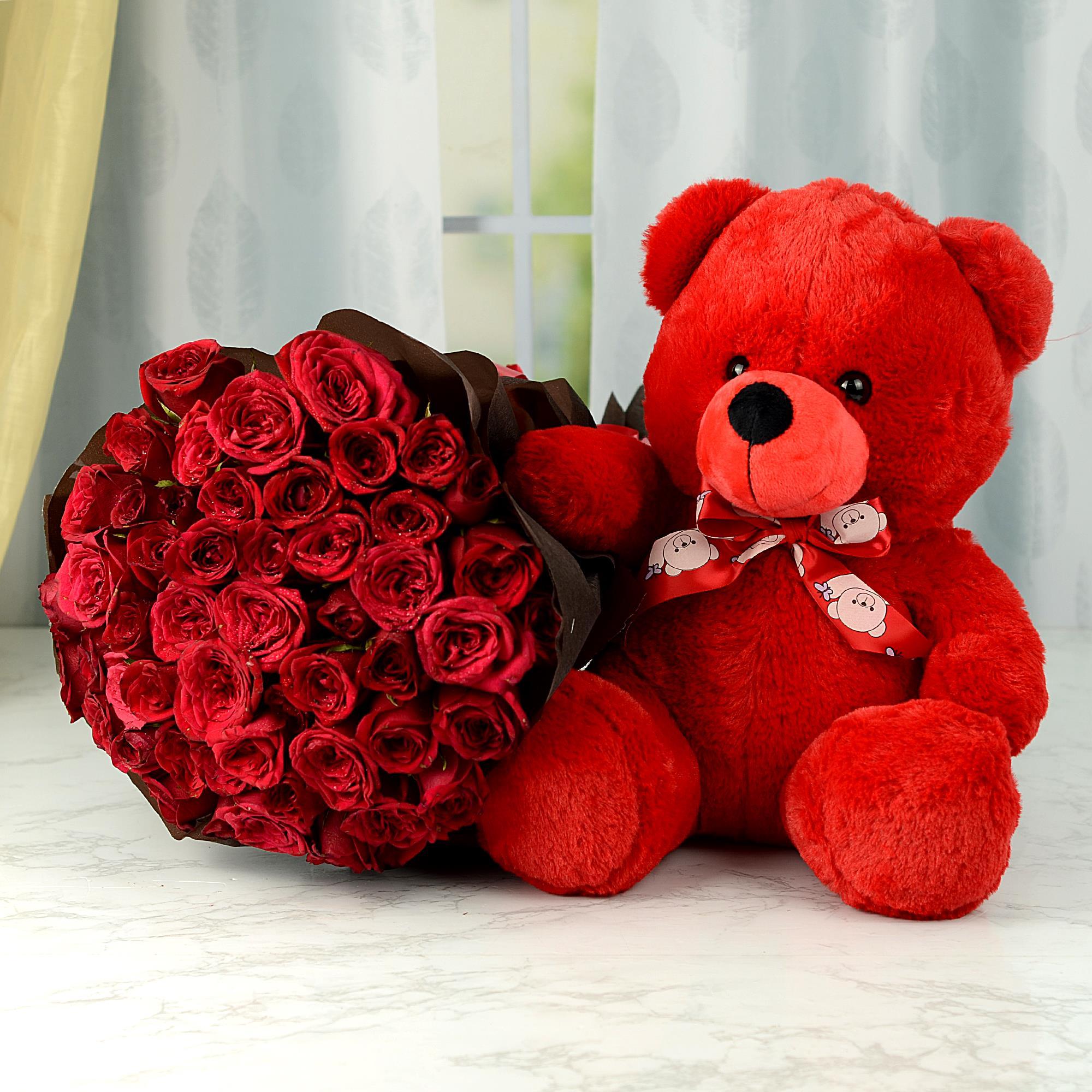 Red Roses & Teddy Combo | Flower & Teddy Hamper