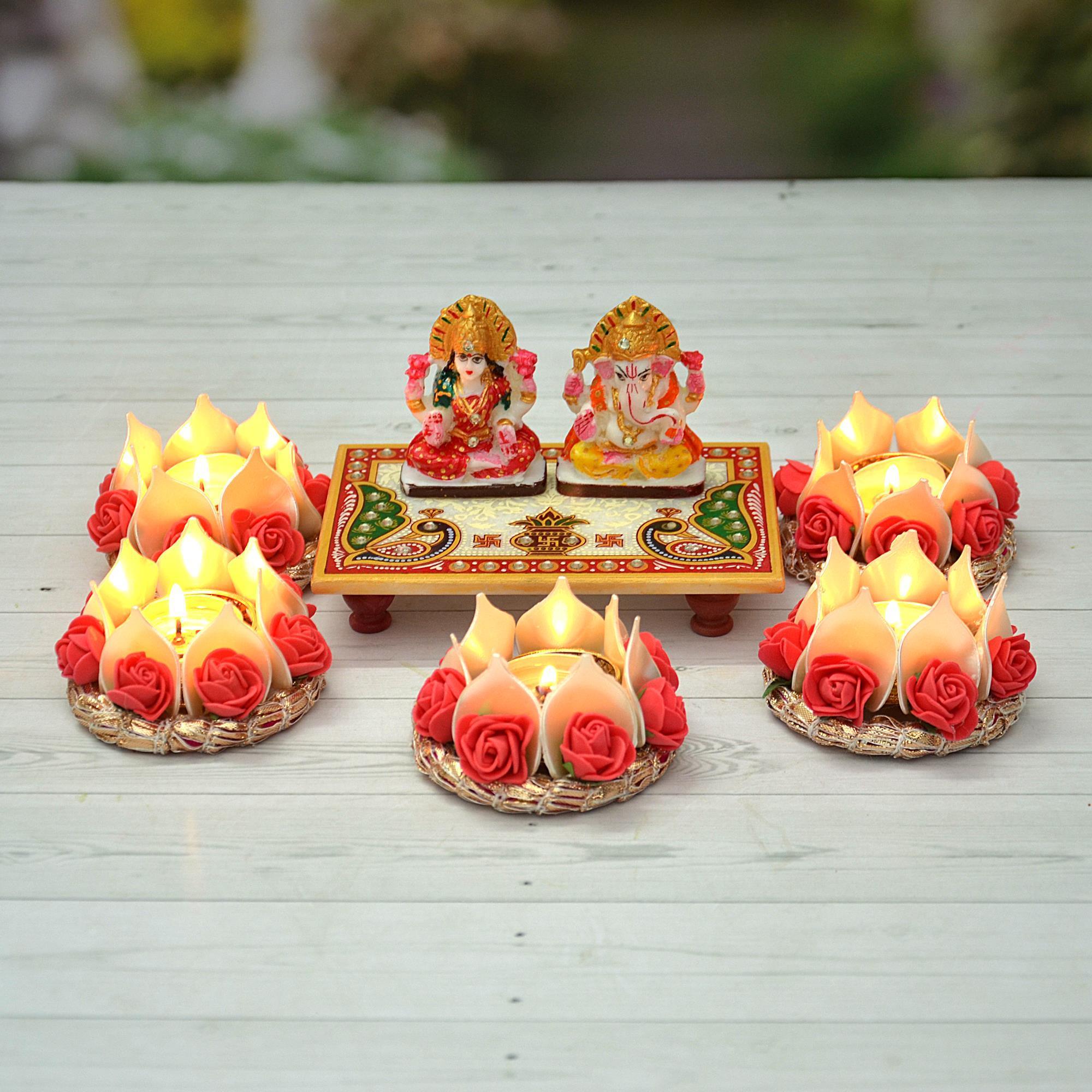 Marble Laxmi Ganesh & Lotus Diyas Set | Spiritual Gifts