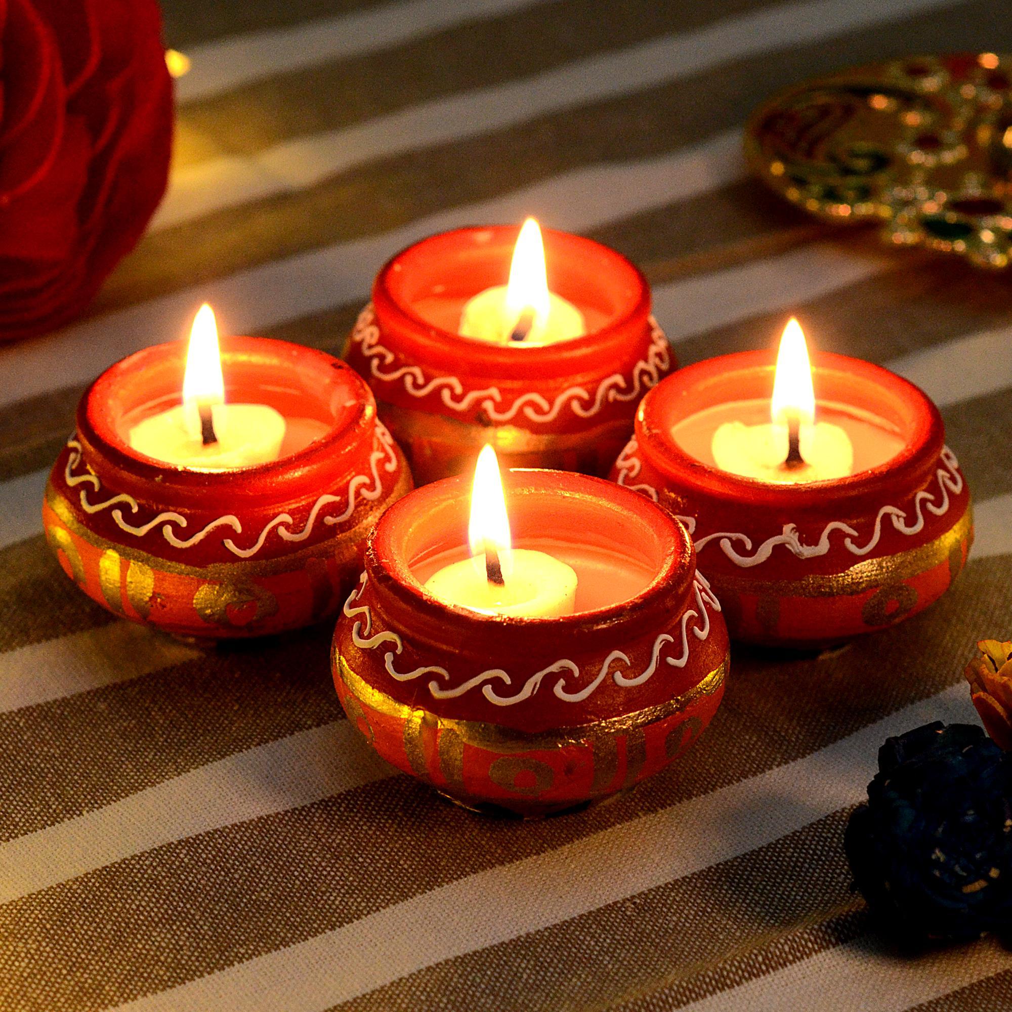 Handmade Set of Four Diyas, Candles & Lanterns