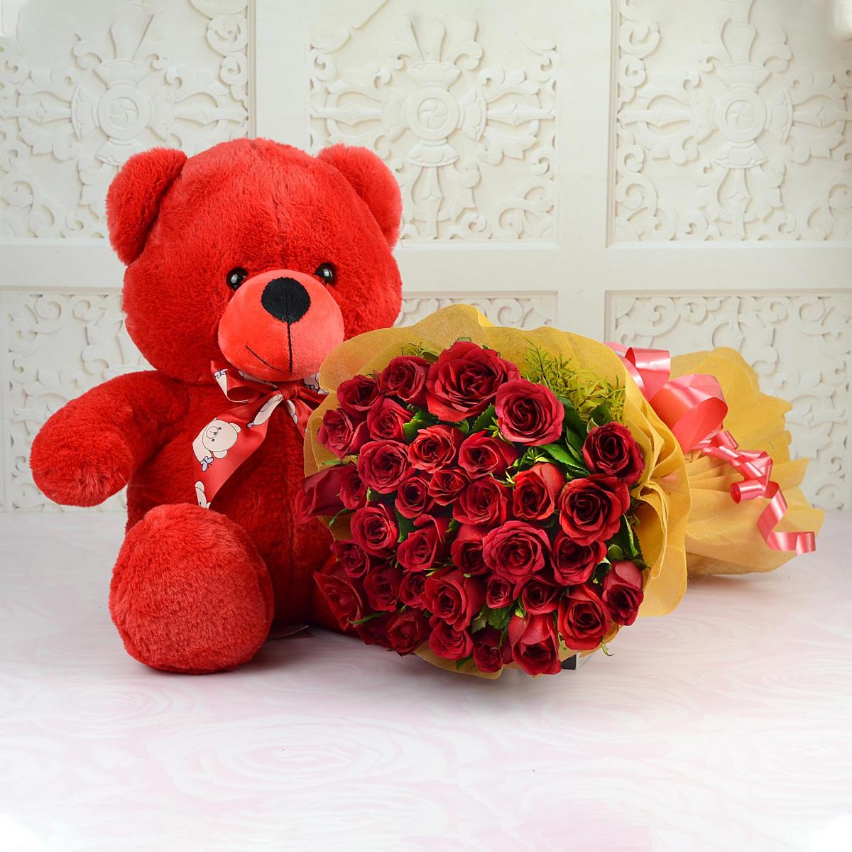 Red Teddy & Roses Bouquet | Flower & Teddy Hamper