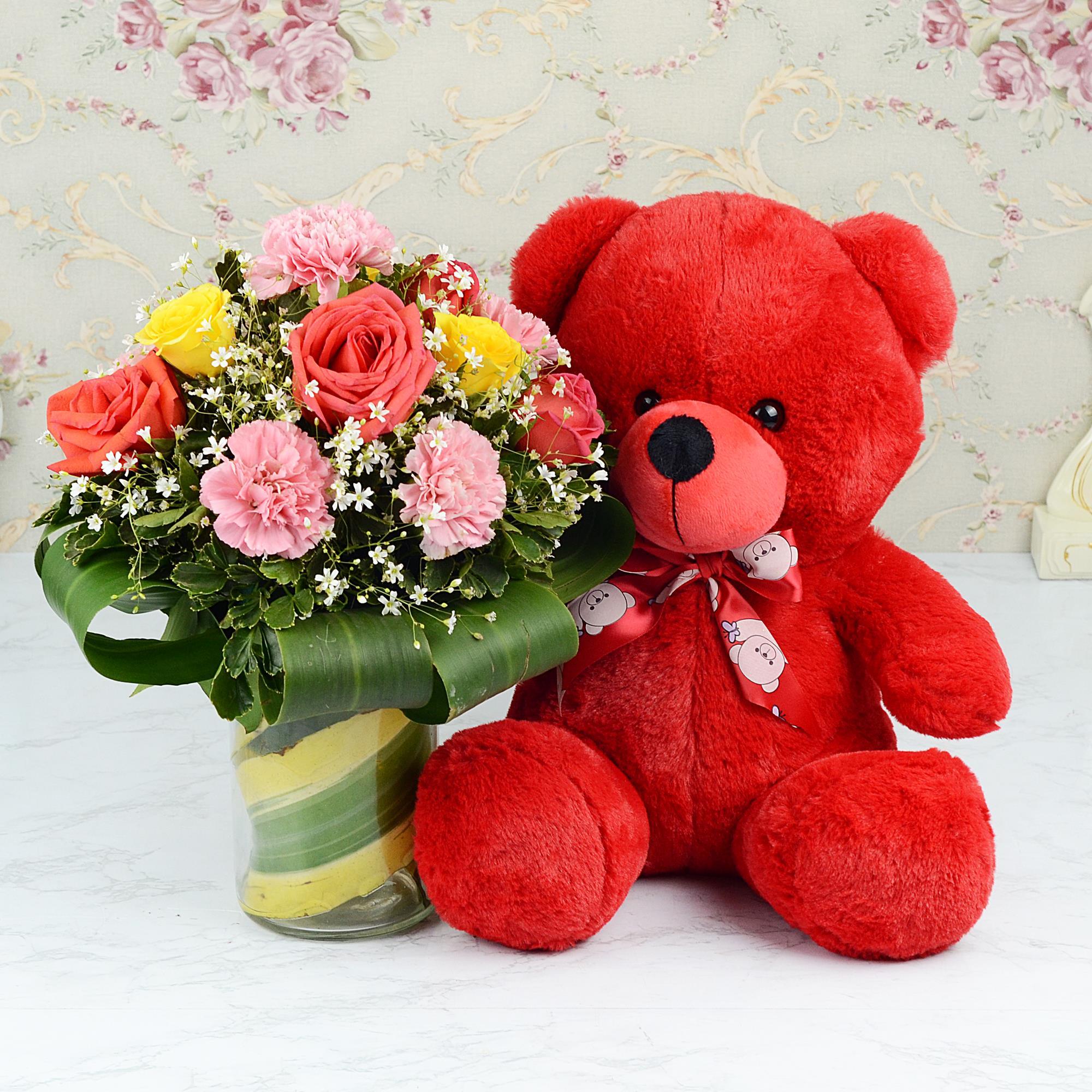 Flower Vase & Cute Red Teddy | Flower & Teddy Hamper