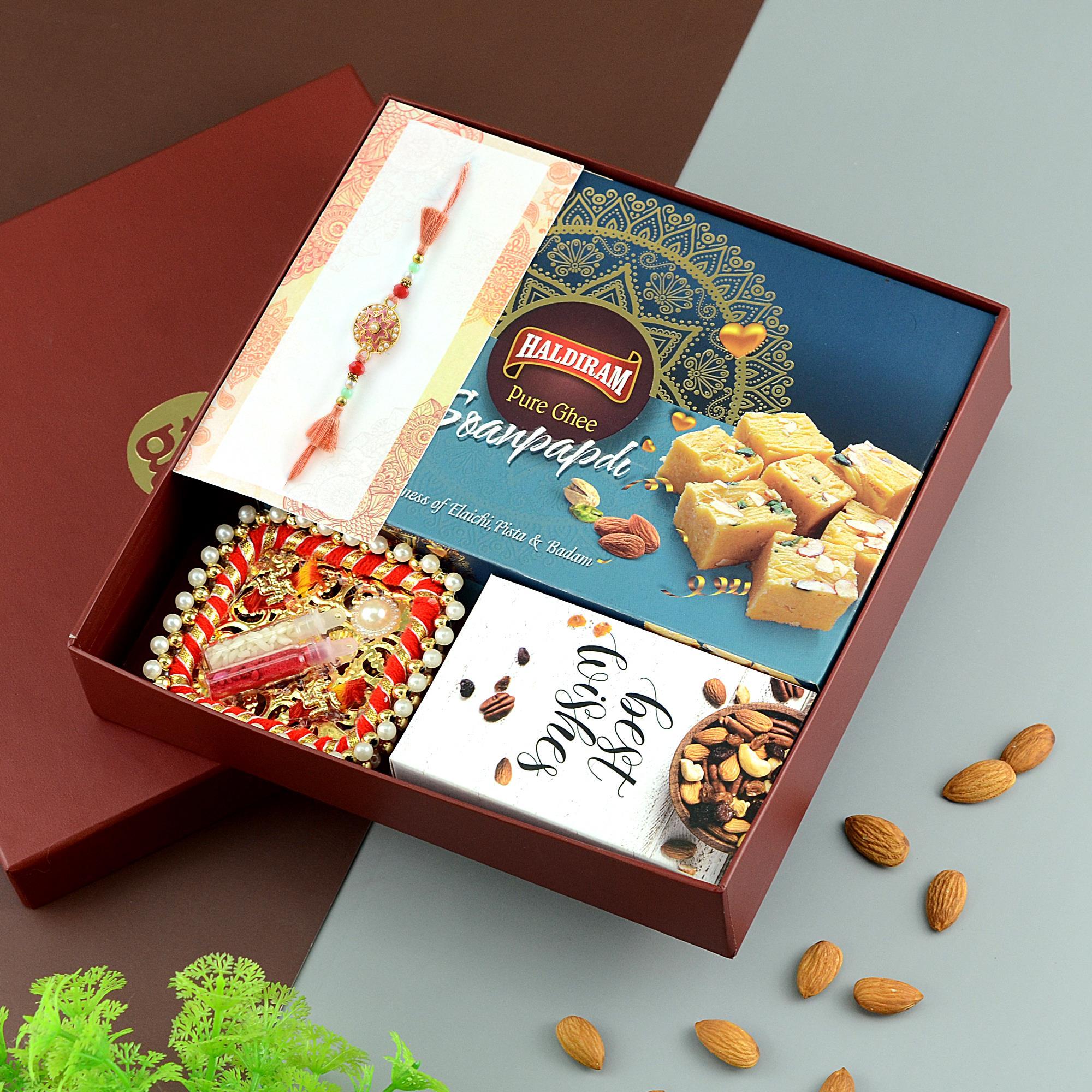 Rakhi, Sweets & Almonds Combo | All in One Hampers