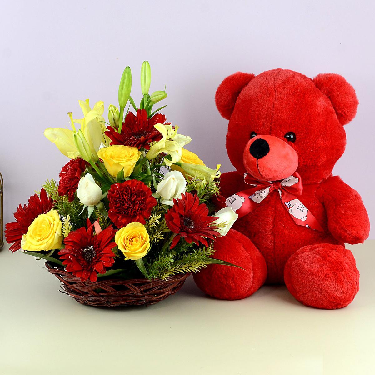 Multicoloured Blooms & Teddy | Flower & Teddy Hamper