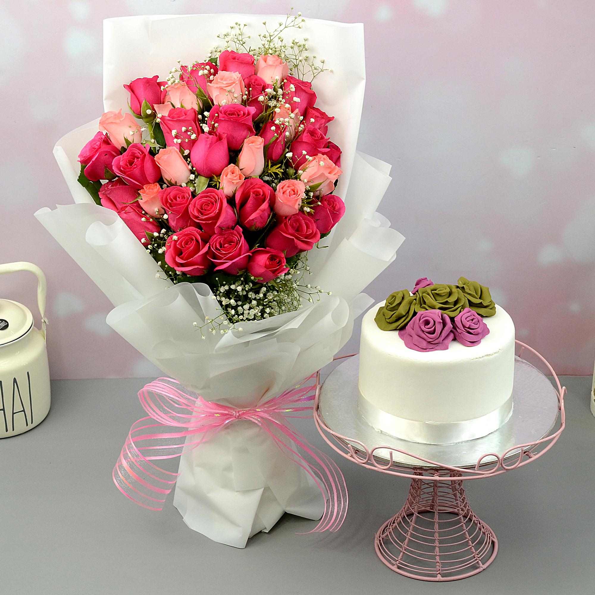 Rouge Rosa Cake Hamper, Akshaya Tritiya Flower & Cakes