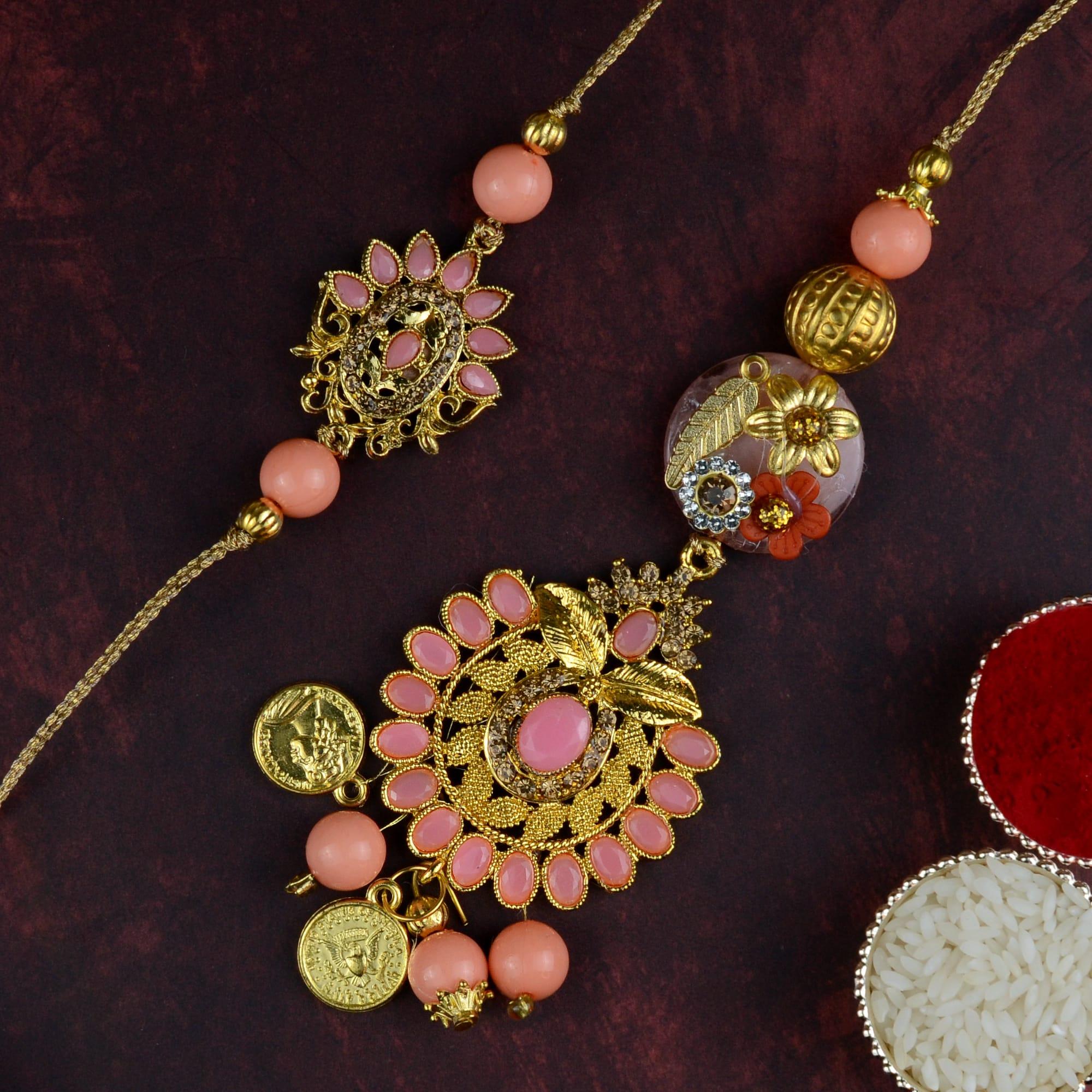 Golden Peach Rakhi Lumba Set | Lumba & Rakhi