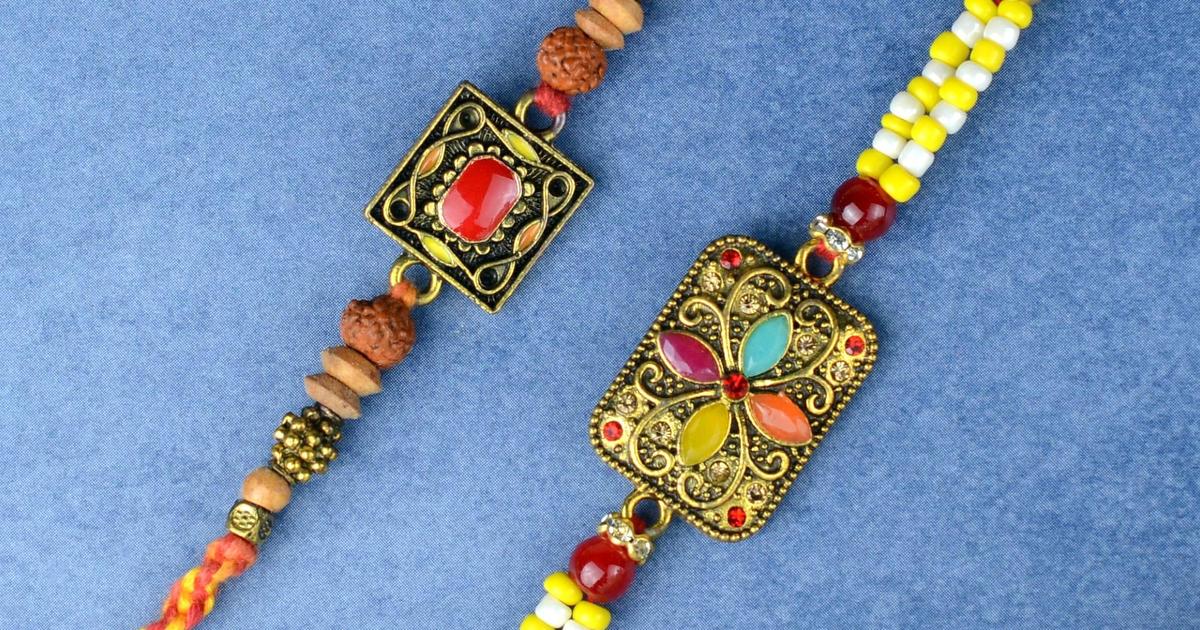 Antique Yellow Metal Rakhi Set 110 | Rakhis