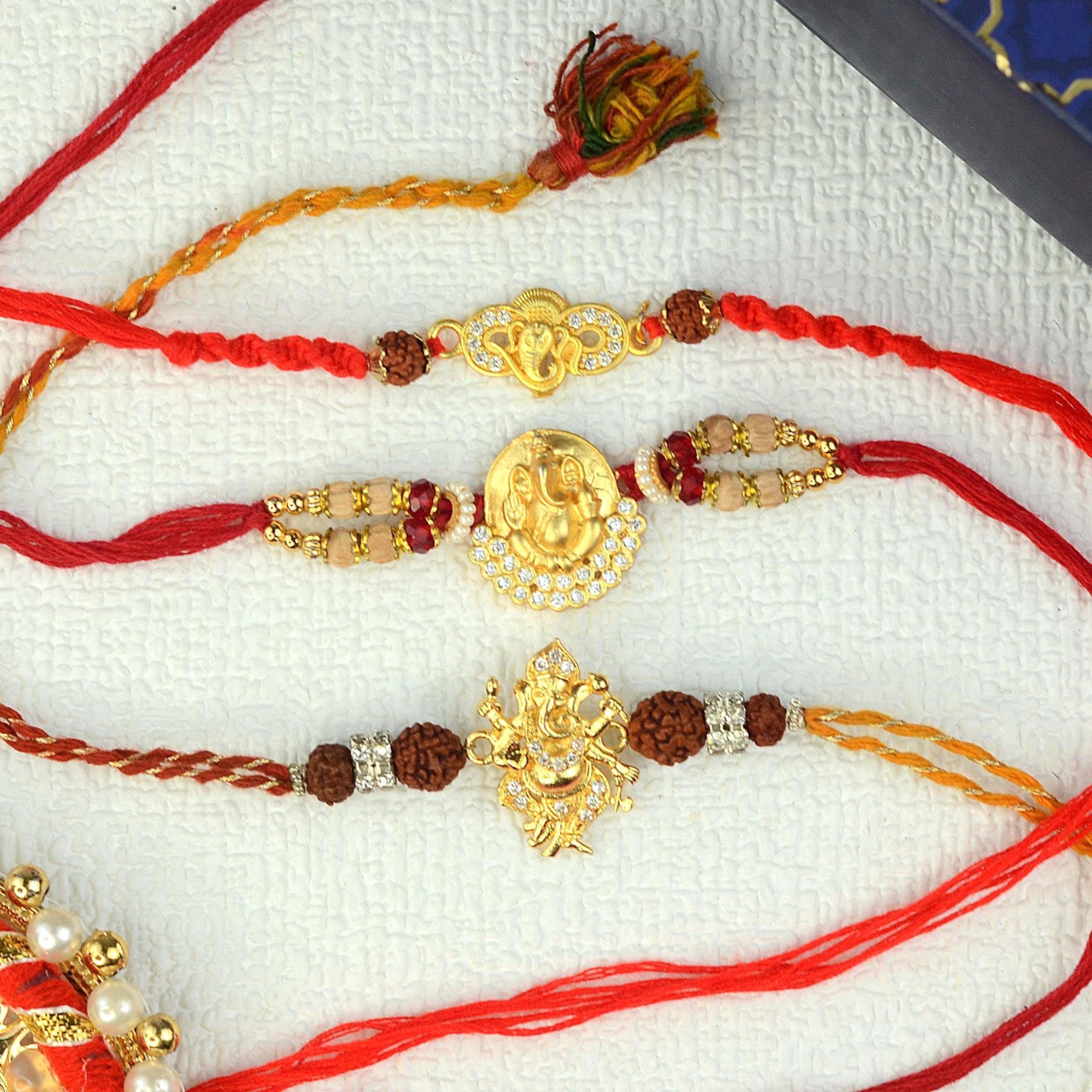 Premium Golden Ganesh Rakhi Set | Set of 3 Rakhis