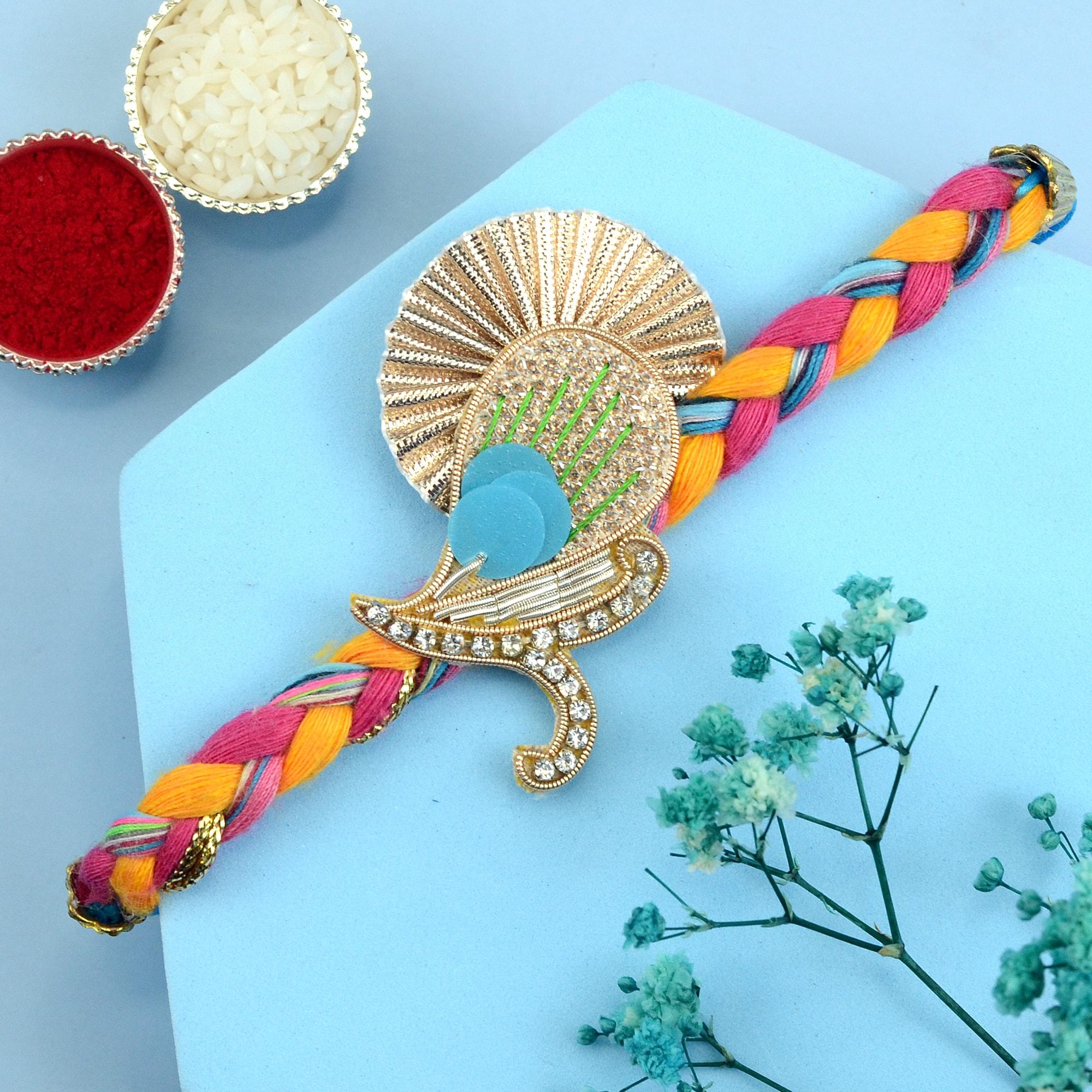 Zardosi on Colored Braids Rakhi | Designer Rakhi