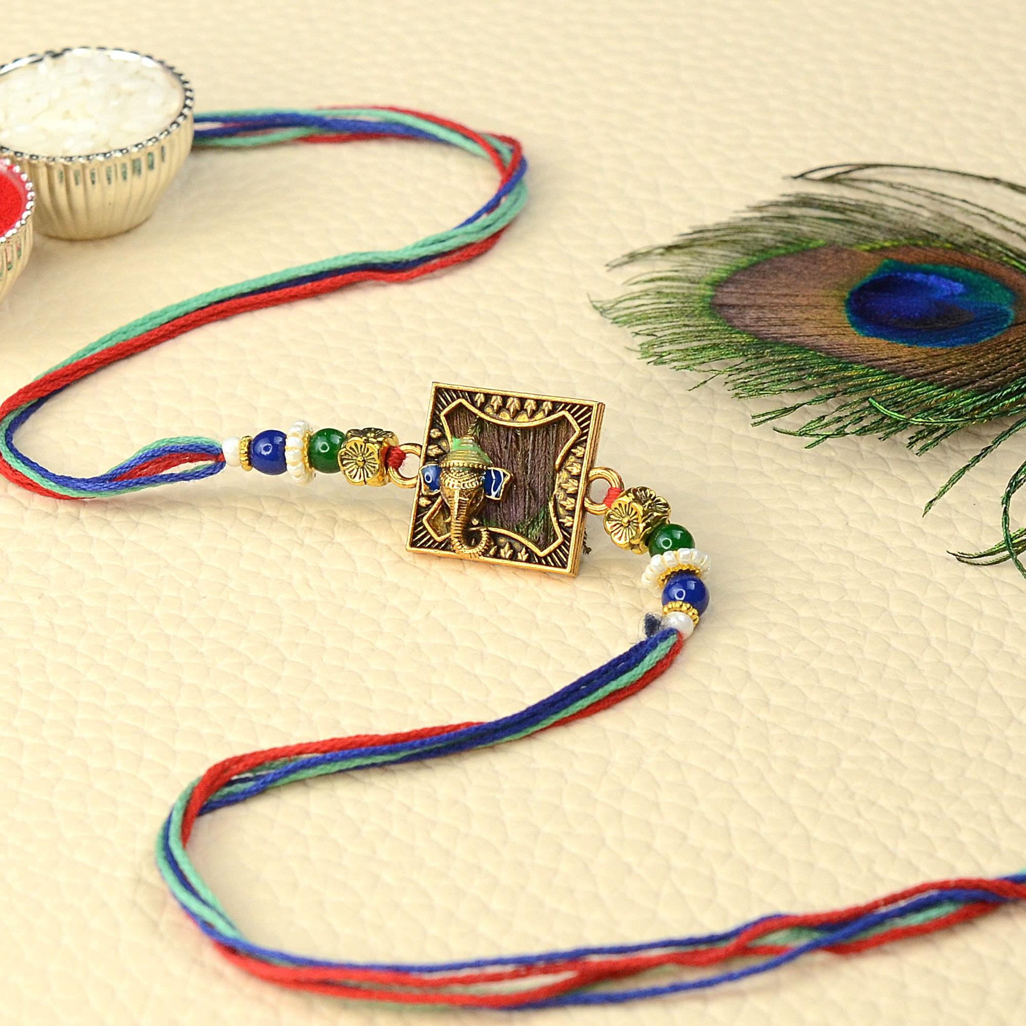 Ganesh Peacock Feather Square Rakhi | Ganesh Rakhis