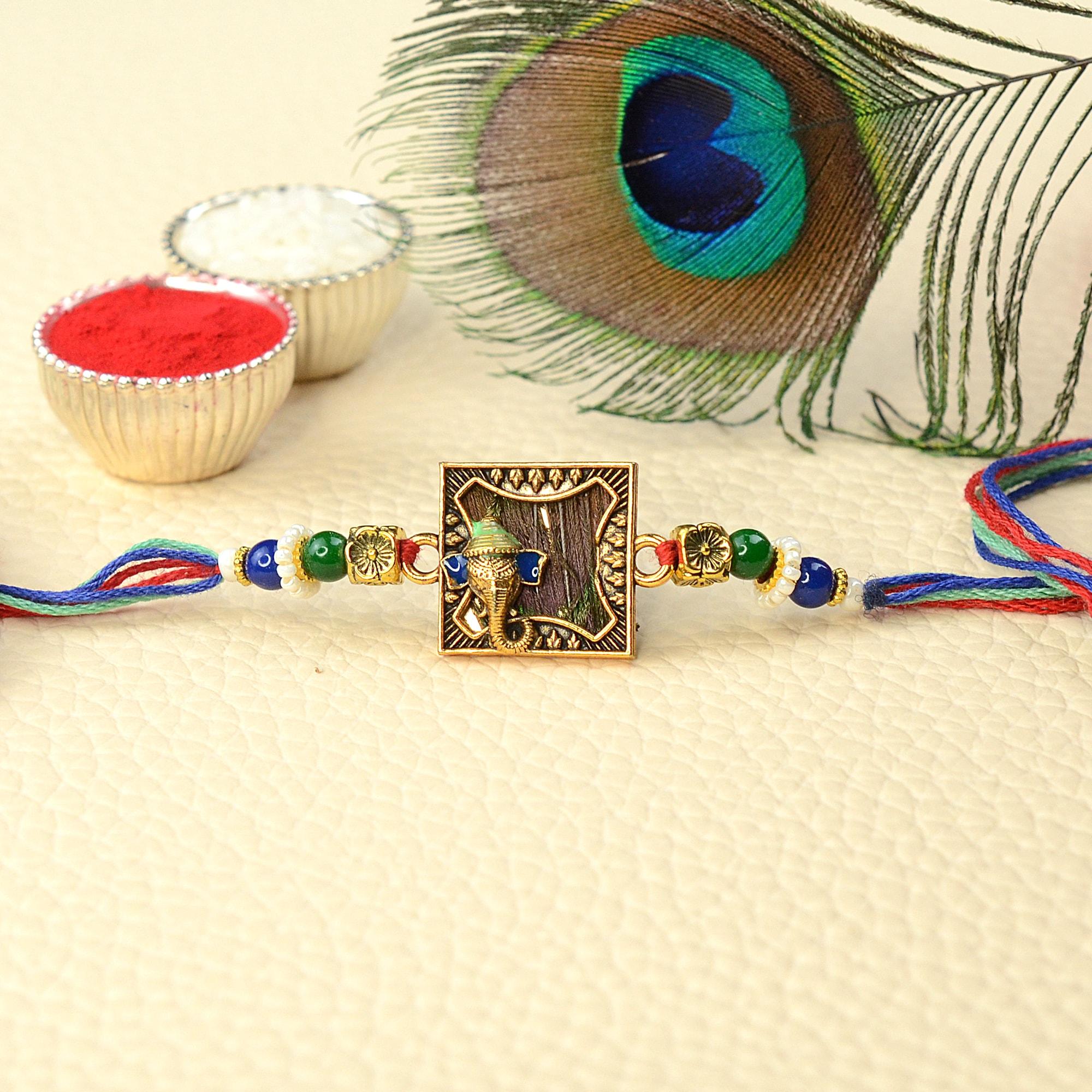 Ganesh Peacock Feather Square Rakhi | Ganesh Rakhis