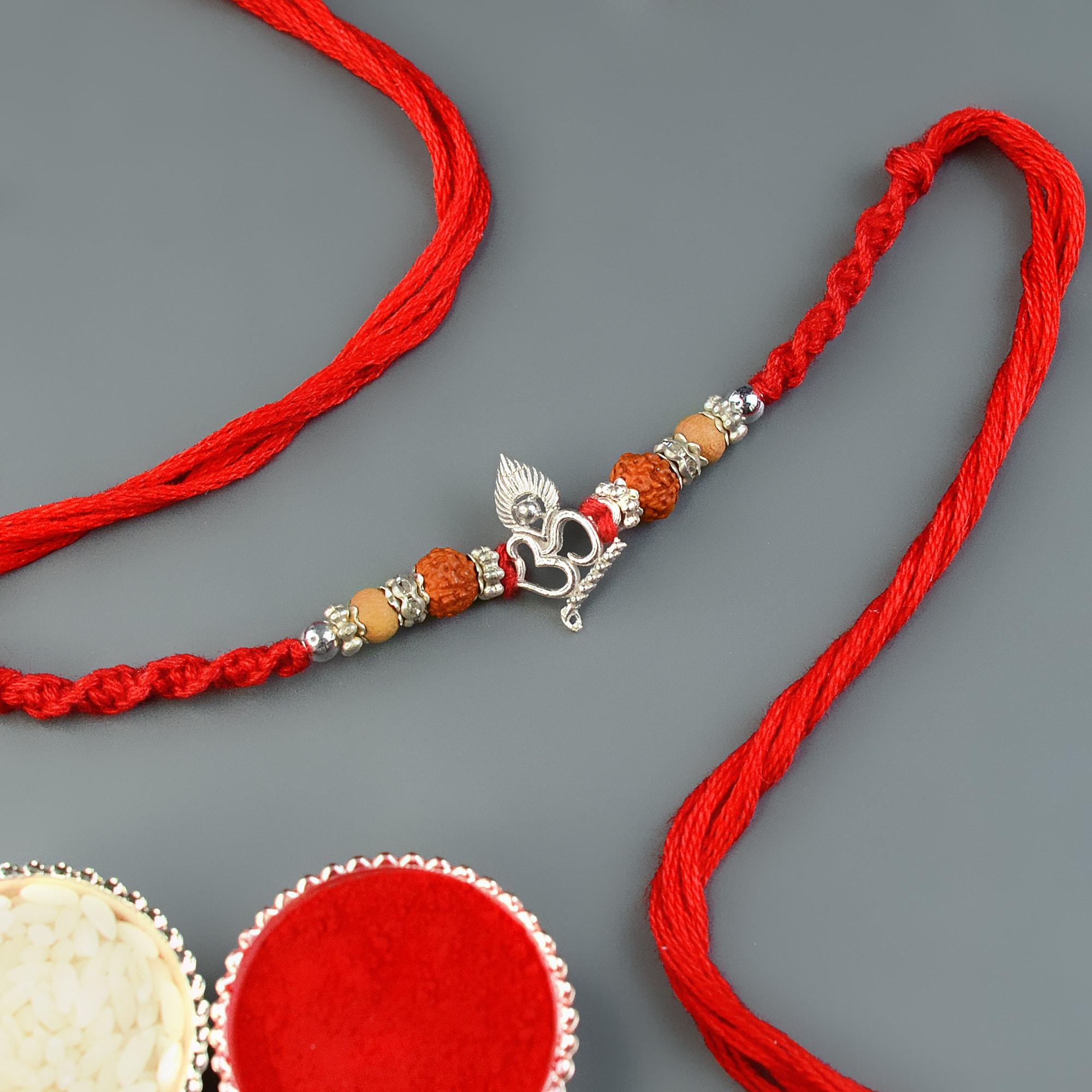 Pure Silver Krishna Om Rudraksh Rakhi | Om Rakhi