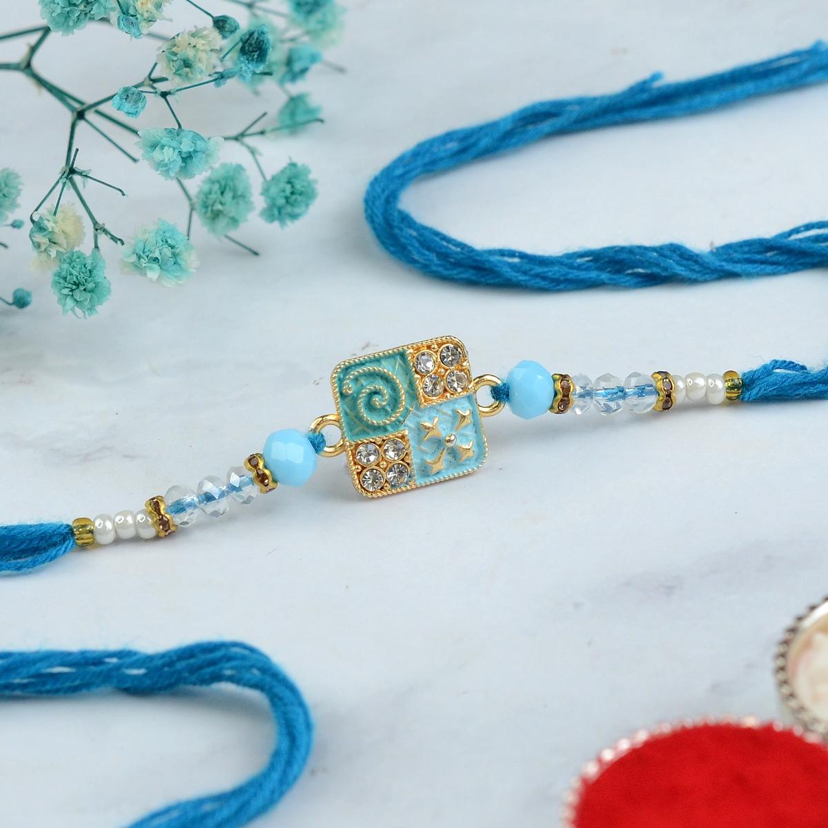 Petite and Clear Blue Square Rakhi | Designer Rakhi