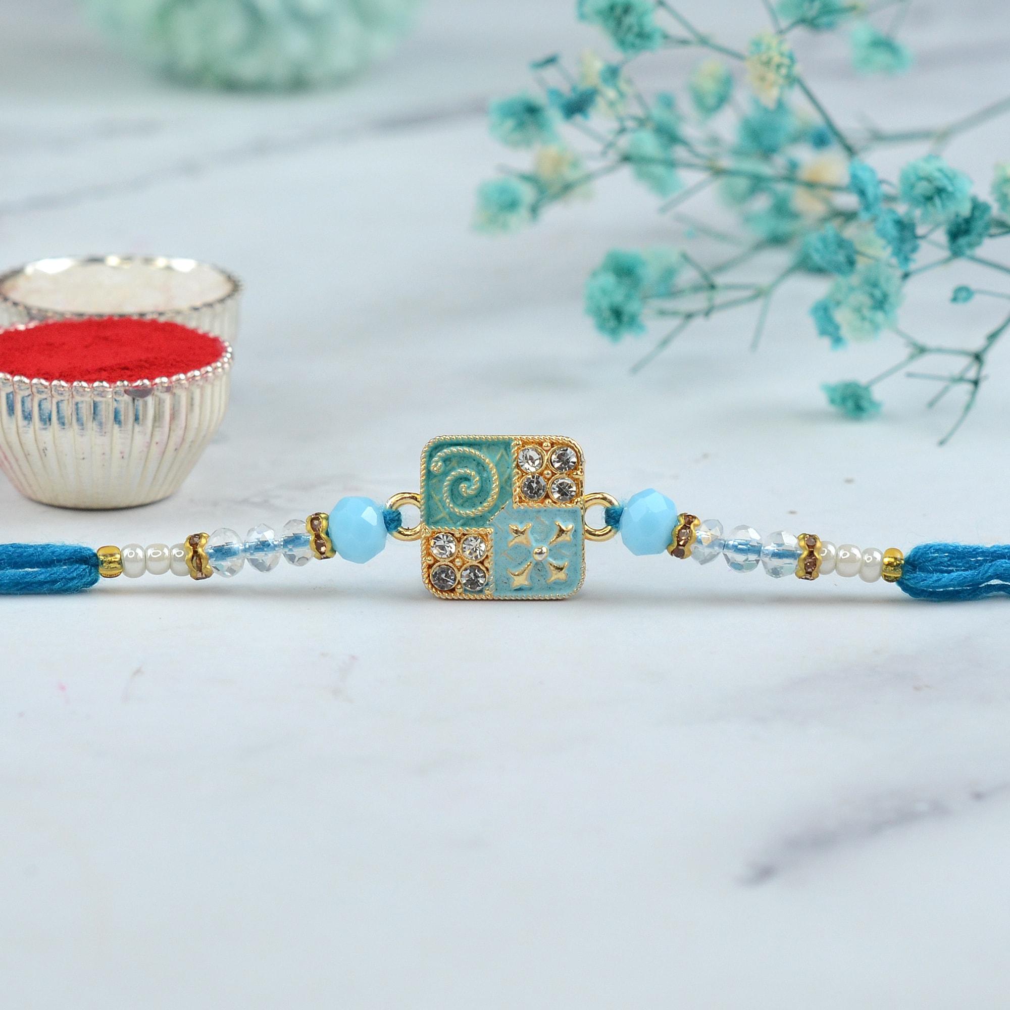 Petite and Clear Blue Square Rakhi | Designer Rakhi