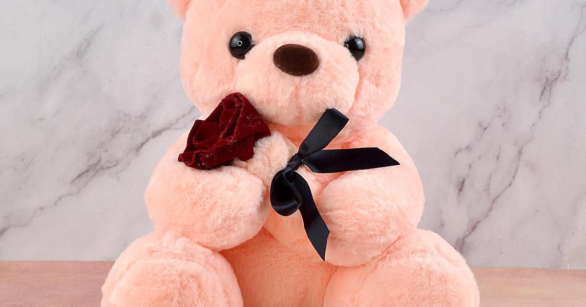 Peach Teddy with Red Rose | Soft Toys