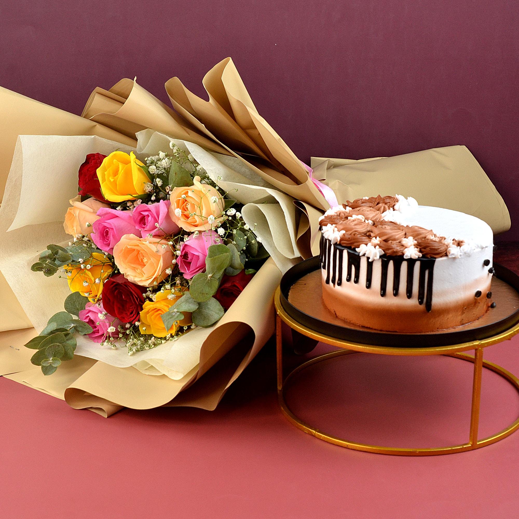 Rose Bouquet with Choco Drip Cake | Flowers, Cakes