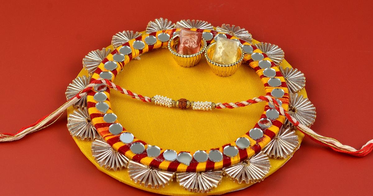 Decorative Round Yellow Thali with Rakhi, | Rakhi Thali